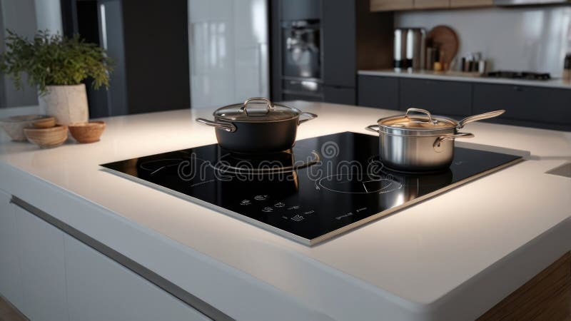 Modern Kitchen Scene with Induction Cooktop and Cooking Pots Stock ...