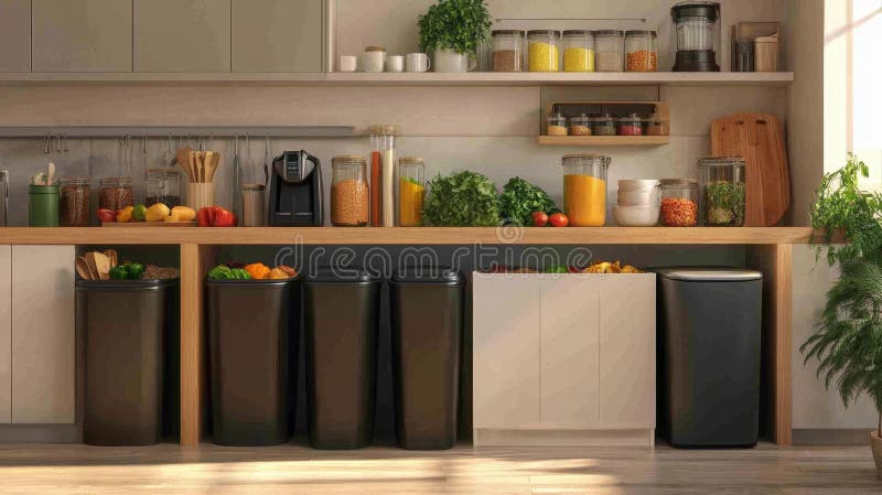 Modern Kitchen Scene with Multiple Waste Bins for Efficient Sorting ...