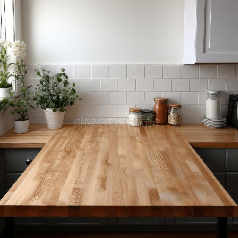 Modern Kitchen Scene with Plants and Jars on a Wooden Counter Tops ...