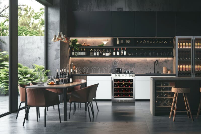 A Modern Kitchen Scene with a Table, Chairs, and a Wine Cooler Stock ...