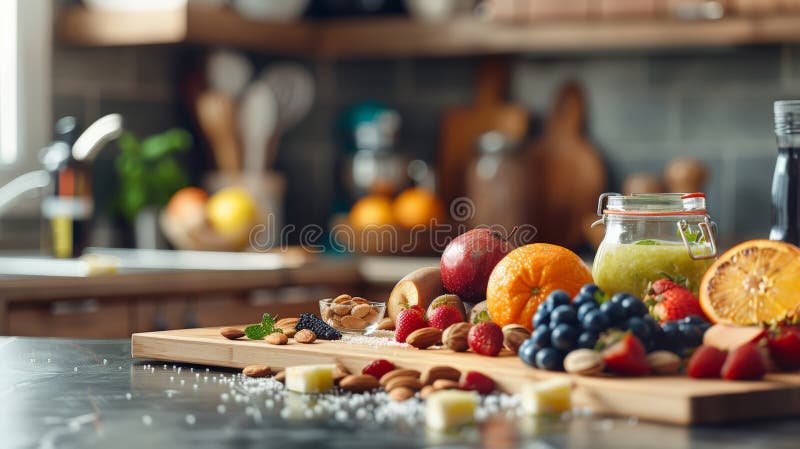 Modern Kitchen Scene with a Variety of Fresh Fruits and Healthy Snacks ...