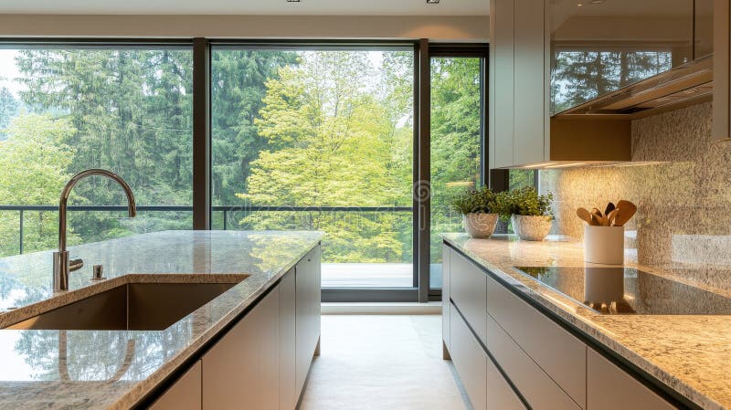 Modern Kitchen with a Scenic View Stock Image - Image of functionality ...