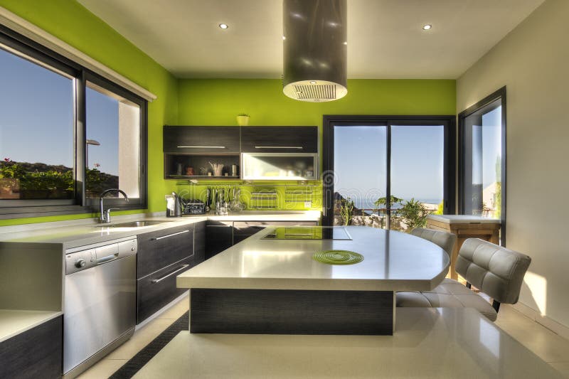 Modern Kitchen with Sea View Stock Image - Image of kitchen, modern ...