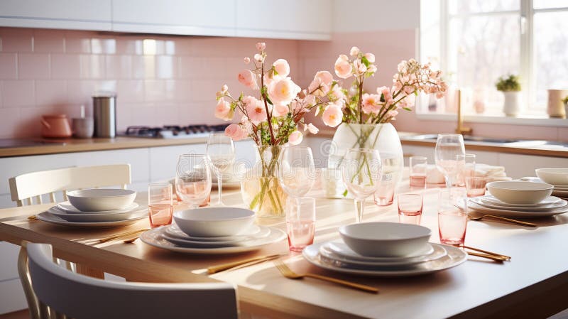 Modern Kitchen with Set of Dishes Pastel Pink and Cherry Blossoms ...