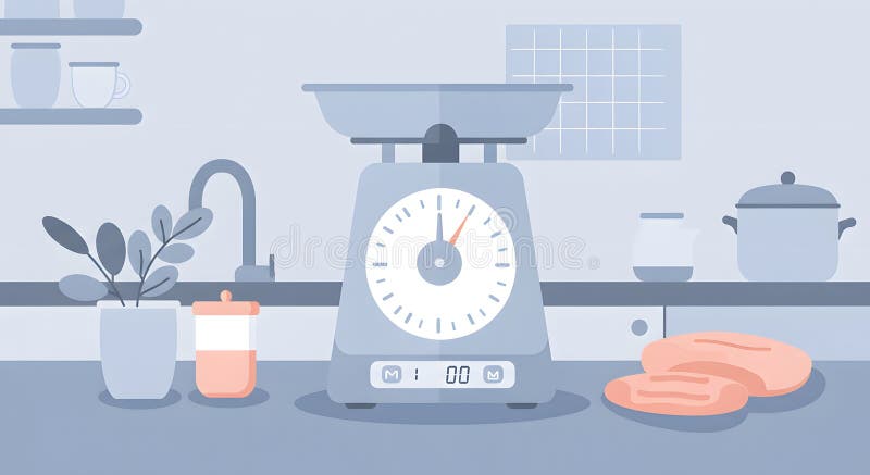 Kitchen Scale Measuring Ingredients on Countertop Stock Illustration ...