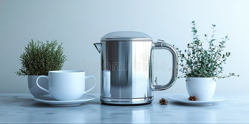 Modern Kitchen Setting Featuring Stainless Steel Kettle and Plants in ...