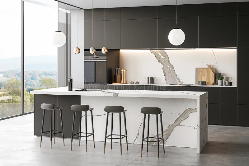 Modern Kitchen Setting with a Sleek Island and High Stools. Generative ...