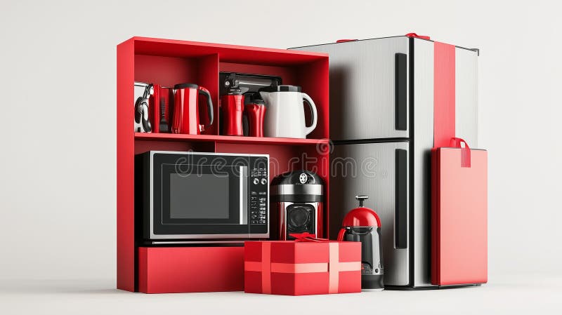 Modern Kitchen Setup Featuring Red Appliances and a Stylish Gift Box on ...