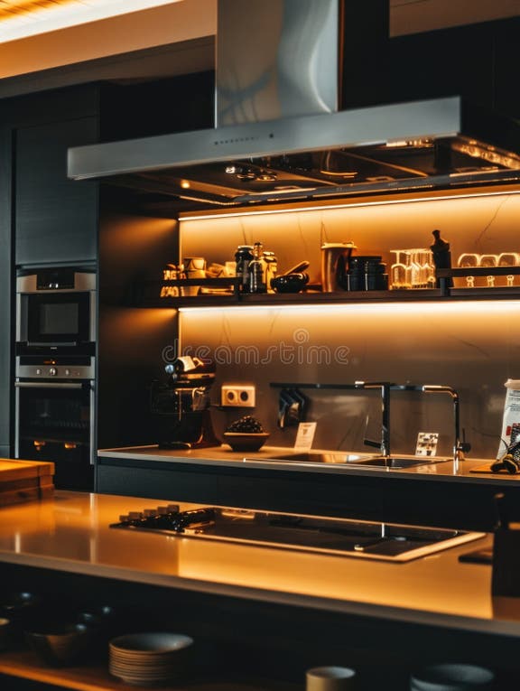 A Modern Kitchen Setup with a Stove Top Oven and Counter Space Stock ...