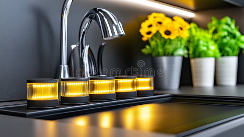 Modern Kitchen Setup with Stylish Lighting, Potted Plants, and Sleek ...