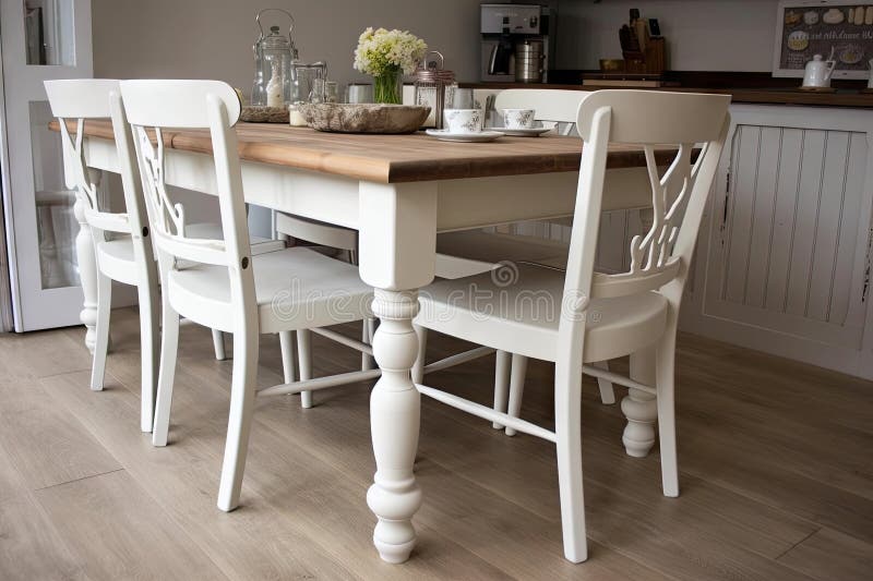 Modern Kitchen with Shabby Chic Dining Table and Chairs Set Stock ...