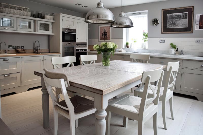 Modern Kitchen with Shabby Chic Dining Table and Chairs Set Stock ...