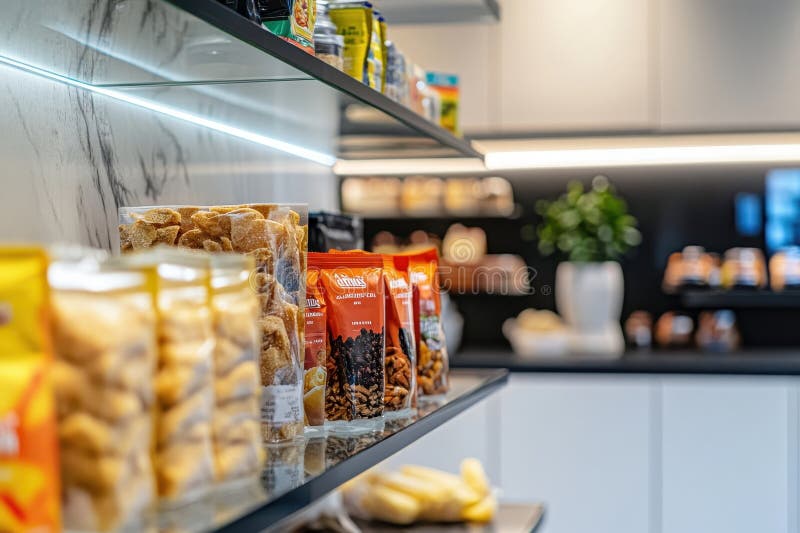 A Modern Kitchen Shelf Displaying Various Packaged Snacks and Food ...
