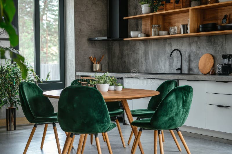 This Modern Kitchen Showcases a Round Dining Table Surrounded by ...