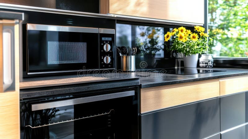 Modern Kitchen Showing Microwave and Oven with Sun Shining through ...