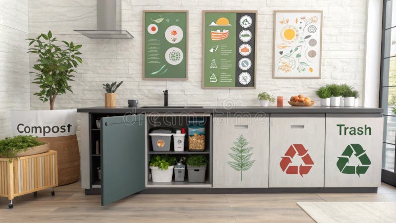Modern Kitchen Showing Sustainable Practices with Recycling and Compost ...