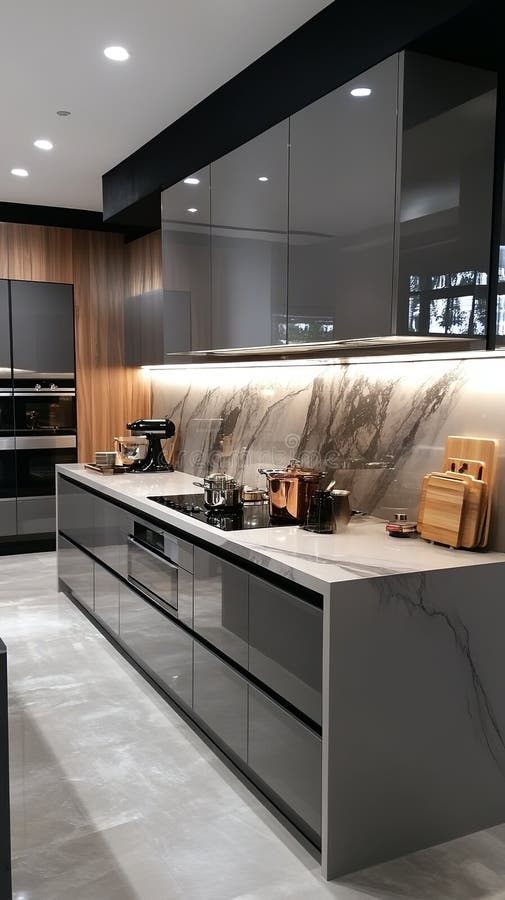 A Modern Kitchen Showroom with Sleek Counters, Appliances, and a Stock ...