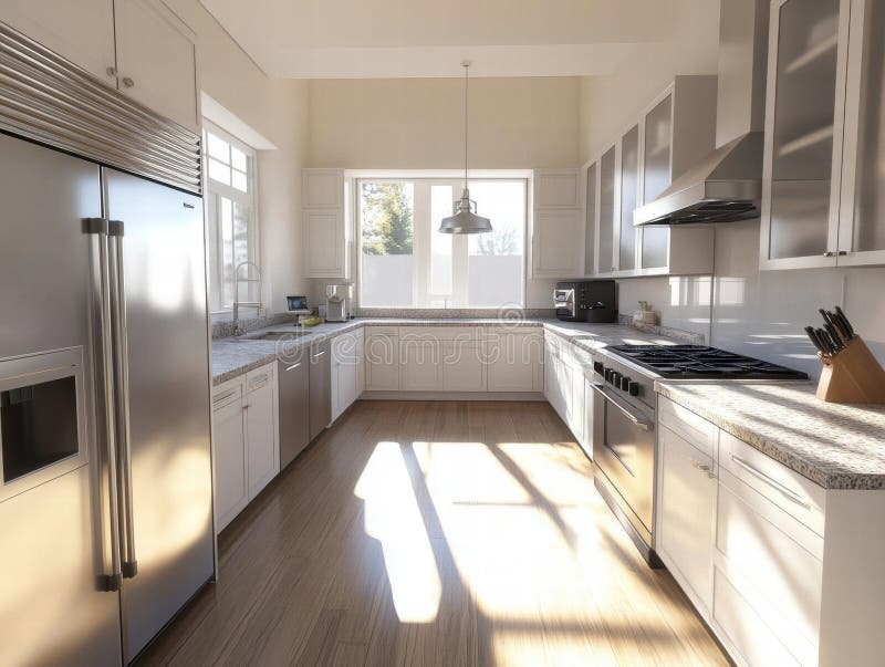 Modern Kitchen Shows Sunlight Streaming through Window, Illuminating ...