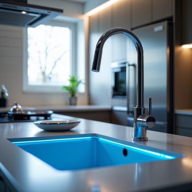 Blue-Lit Sink with Chrome Faucet, Generative Ai Stock Illustration ...