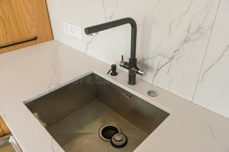 Modern Kitchen Sink and Faucet Stock Photo - Image of counter, design ...