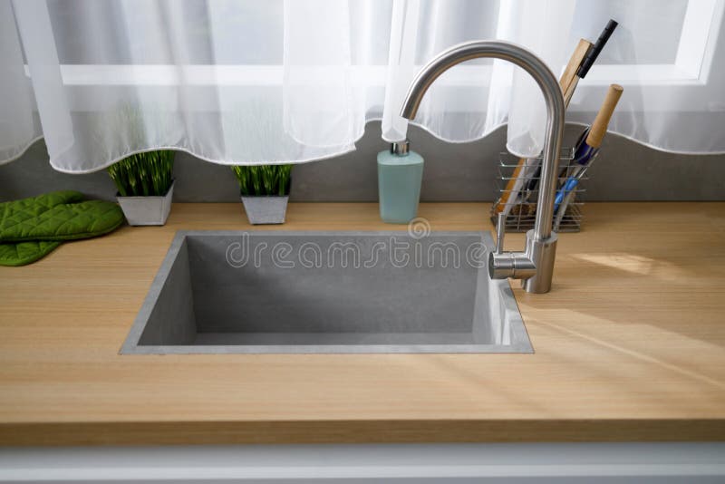 Modern Kitchen Sink and Faucet. Stock Photo - Image of marble ...