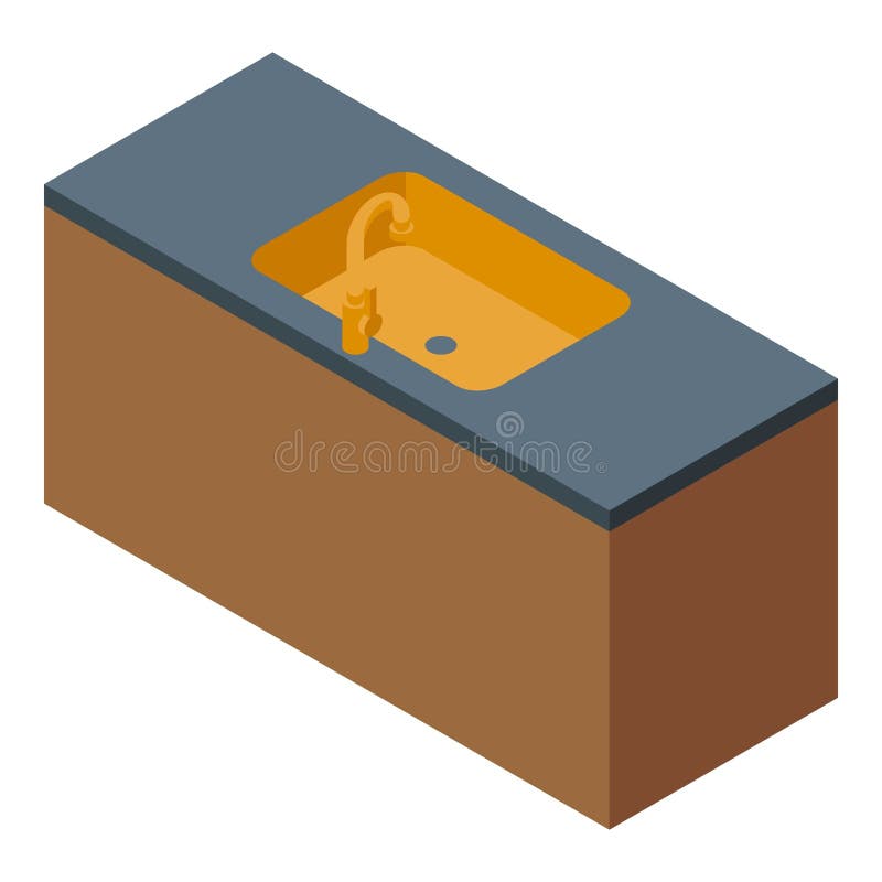 Modern Kitchen Sink with Golden Faucet and Grey Countertop in Isometric ...