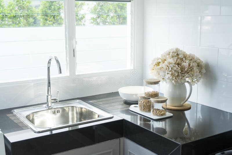Modern kitchen sink. stock image. Image of water, luxury - 156281815