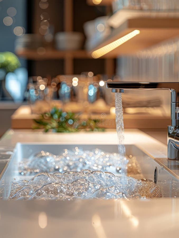 Modern Kitchen Sink with Running Water and Bubbles Stock Image - Image ...