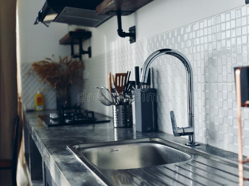 Modern Kitchen Sink, Stylish Interior. Stock Photo - Image of estate ...