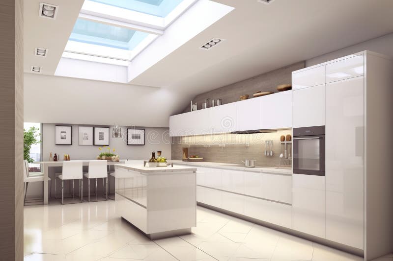 Modern Kitchen with Skylight - Interior Design Perspective Stock ...