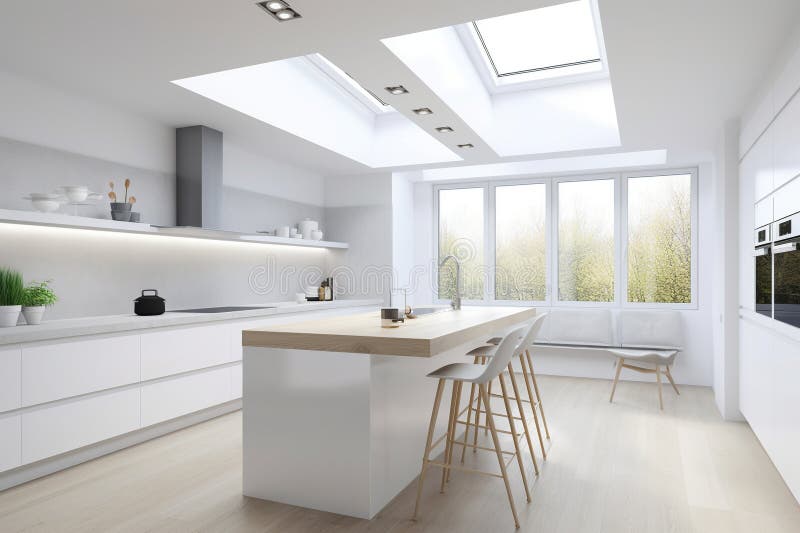 Modern Kitchen with Skylight - Interior Design Perspective Stock ...