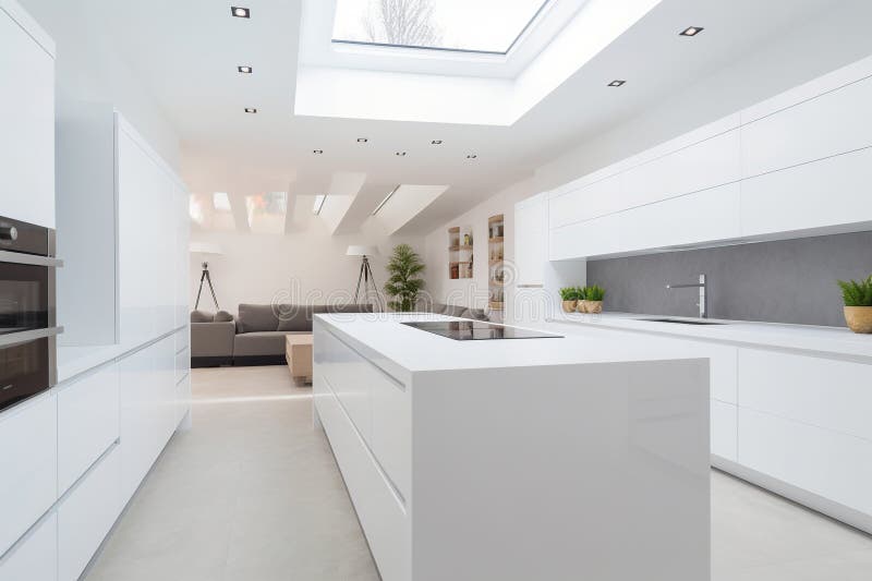 Modern Kitchen with Skylight - Interior Design Perspective Stock ...