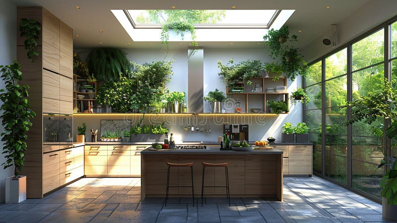 Modern Kitchen with a Skylight and Lush Greenery Stock Illustration ...