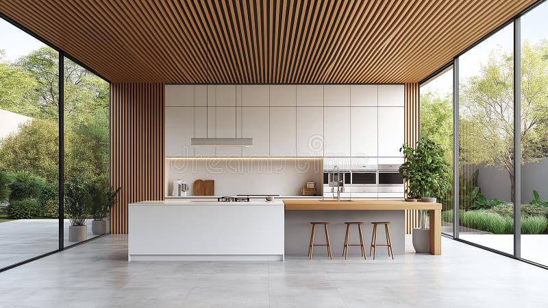 Modern Kitchen with a Slatted Ceiling and Large Windows Overlooking a ...