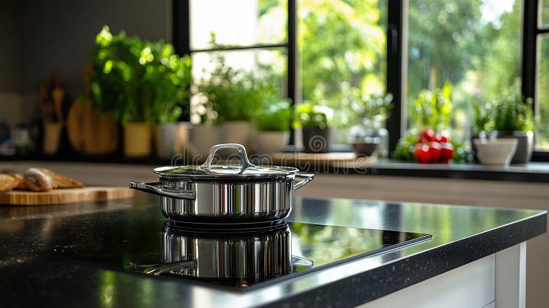 Clean Kitchen Counter with Polished Electric Cooker on Black Reflective ...