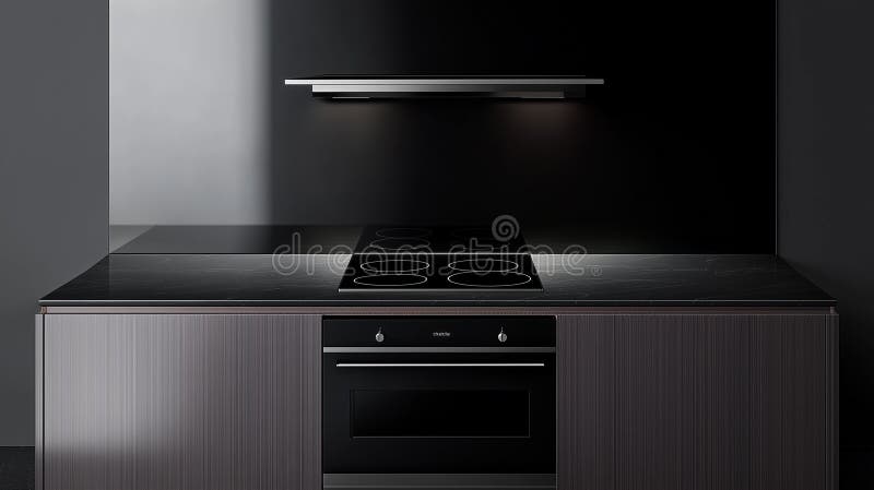 Clean Kitchen Counter with Polished Electric Cooker on Black Reflective ...