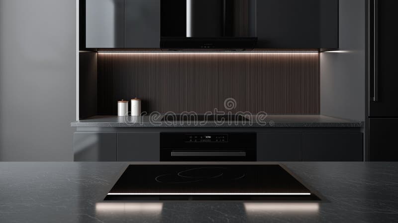 Clean Kitchen Counter with Polished Electric Cooker on Black Reflective ...