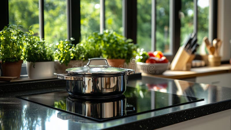 Clean Kitchen Counter with Polished Electric Cooker on Black Reflective ...