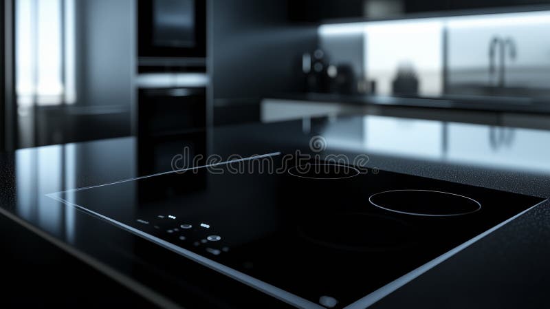 Clean Kitchen Counter with Polished Electric Cooker on Black Reflective ...