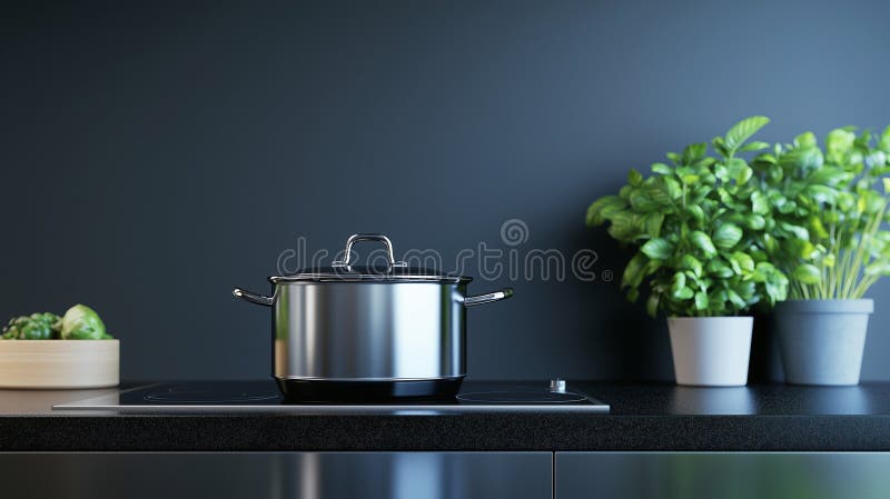 Clean Kitchen Counter with Polished Electric Cooker on Black Reflective ...