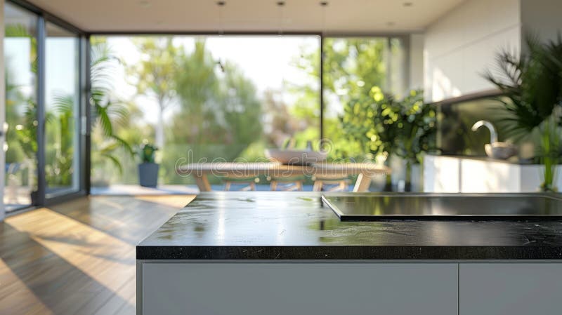Modern Kitchen with a Sleek Countertop and Large Windows. Stock Image ...