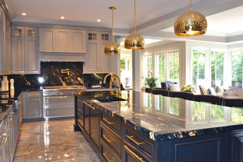 Modern Kitchen with Sleek Design, Gold Accents, and a Spacious Layout ...
