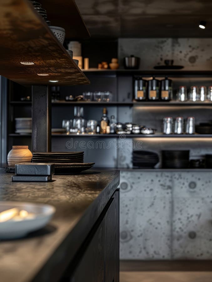 Modern Kitchen with Sleek Design and Organized Shelves. Stock Photo ...