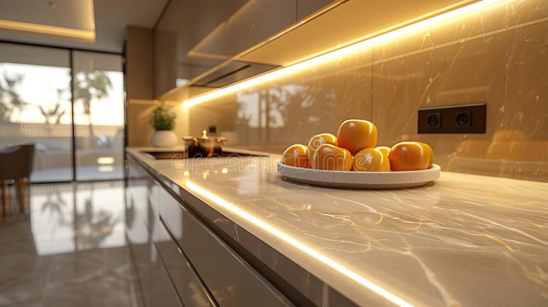 Modern Kitchen with Sleek Design and Subtle Lighting Stock Illustration ...