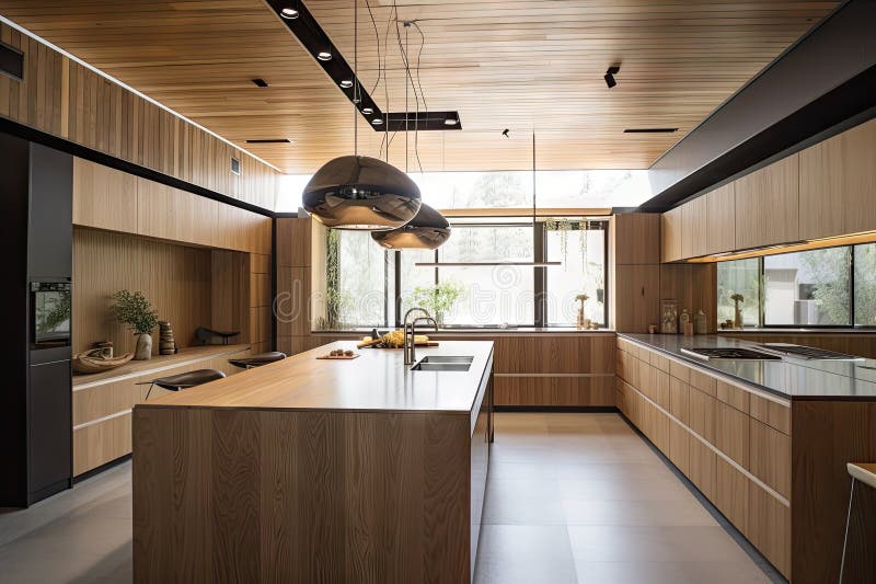 Modern Kitchen with Sleek Look and Wood-paneled Walls Stock ...