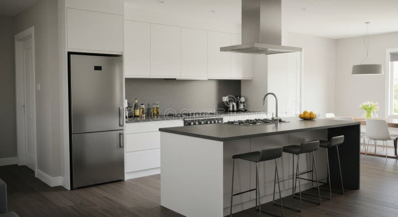 Modern Kitchen with Sleek White Cabinets and Minimalistic Island Stock ...