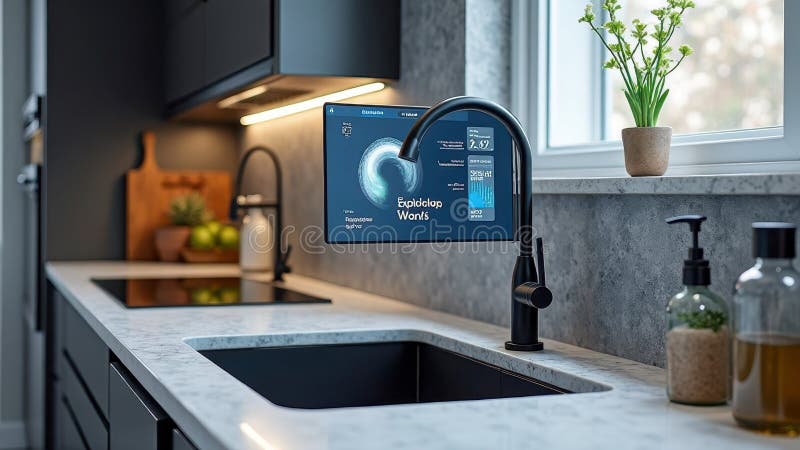 Modern Kitchen Smart Faucet Digital Display Contemporary Setting Stock ...