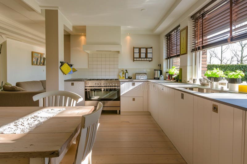 A Modern Kitchen with a Spacious Dining Area and Large Windows ...