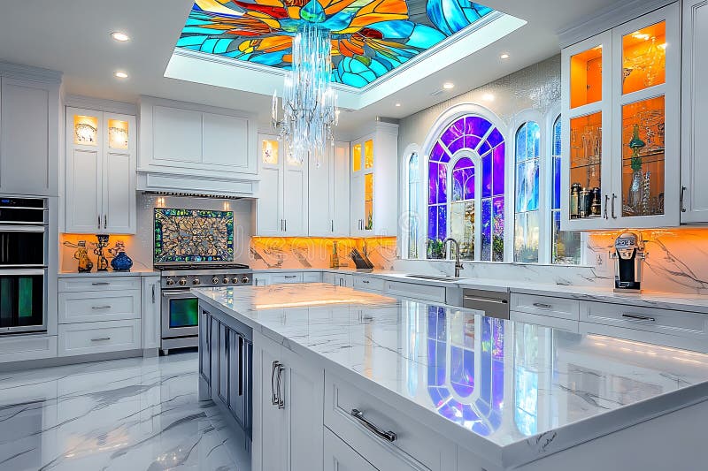 Modern Kitchen with Stained Glass Ceiling and Windows Stock ...