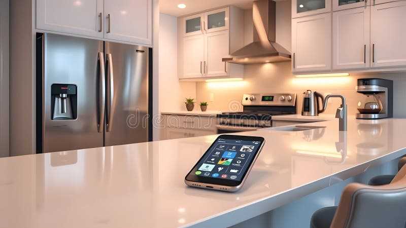 A Modern Kitchen with a Stainless Steel Refrigerator and a Smartphone ...